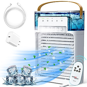 Portable Air Conditioner with Cooling Mist and Remote, Quiet comfort with 4 Speeds, XL 1200ml tank, Personal AC Fan with 5 Mists, 7 Night Lights, 2, 4, 6, 8H Timer, for Home, Office, White