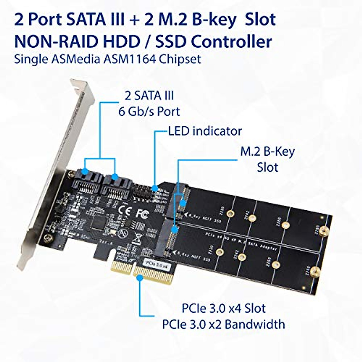 IO CREST 2 M.2 B Key and 2 Port SATA III PCIe 3.0 x4 Non-RAID Expansion Card Asmedia ASM1164