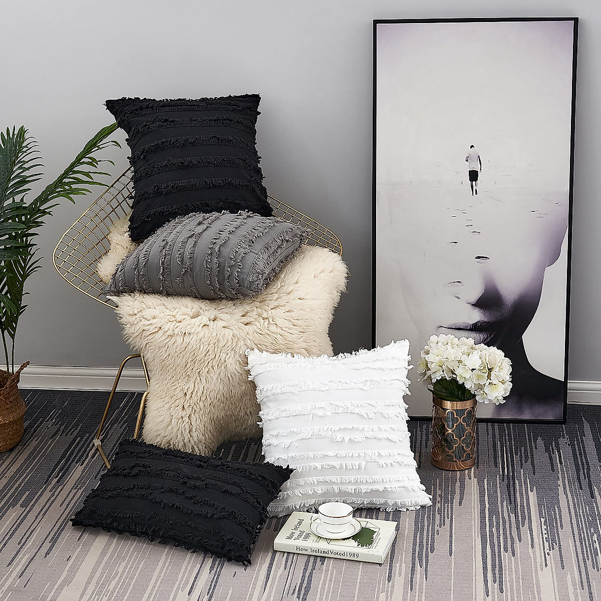 Longhui bedding Black Throw Pillow Covers for Couch Sofa Bed, Cotton Linen Decorative Pillows Cushion Covers, 12 x 20 inches, Set of 2