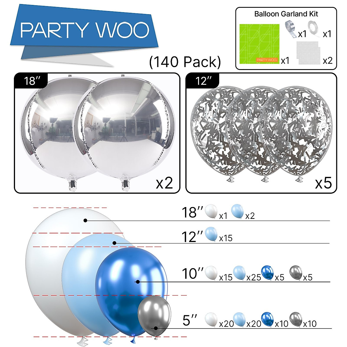 PartyWoo Blue Balloon Garland Kit, 140 pcs Blue and White Balloon Arch Kit, 4D Silver Balloons, Metallic Balloons, Confetti Balloons for Baby Shower Decorations, Birthday Decorations, Baptism
