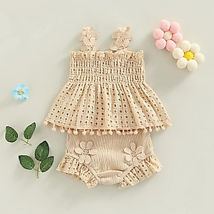 Newborn Baby Girls Clothes Sets Waffle Floral Print Sleeveless Bodysuits+Ruffles Drawstring Summer Shorts+Headband (Y-Apricot, 0-3 Months)