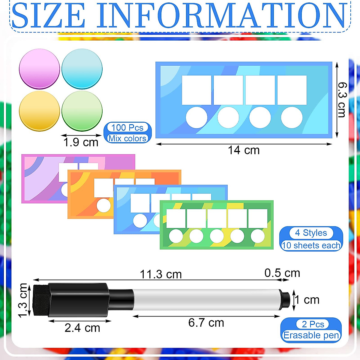 40 Pcs Sound Box Mats and Chips Cardboard Dry Erase Mats 100 Pcs 0.75 Inch Colorful Plastic Chips Phonemic Awareness Phonics Games Reading Games 2 Pcs Markers with Eraser Cap for School Office Home