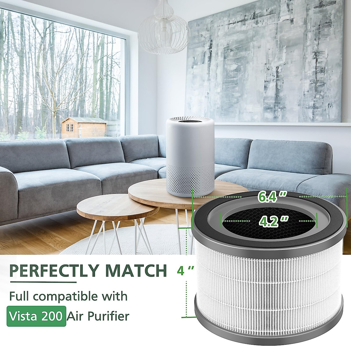 2 Pack Vista 200 Replacement Filter Compatible with LEVOIT Vista 200 Air Purifier, 3-in-1 H13 True HEPA Filter Replacement, Fit Part No.Vista 200-RF