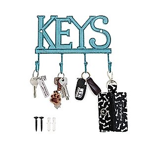 Comfify Key Holder for Wall - Cast Iron Decorative Farmhouse Rustic Wall Mount Key Organizer - 4 Key Hooks -  Vintage Key Rack for Entryway with Screws and Anchors – 6x8” - Rustic Blue