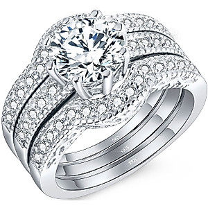 MABELLA Jewelry 2.50 Cttw Halo Round White Cubic Zirconia 925 Solid Sterling Silver Trio Classic Engagement Wedding Band Ring Sets Gifts for Women Size 8