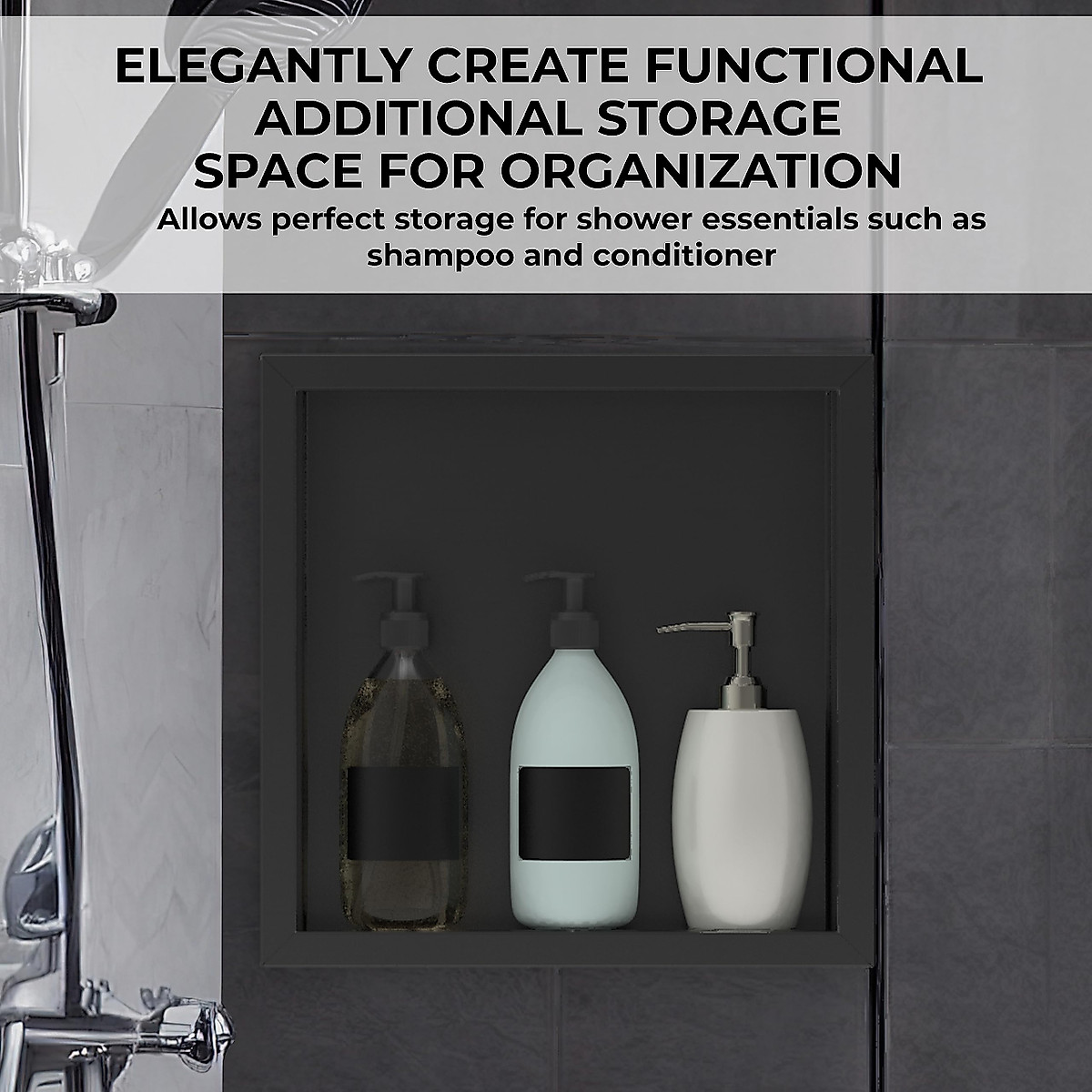 MNML DESIGN Shower Niche 12"x12" Bathroom shelves-Stainless Steel matte black bathroom Organizer accessories shelf no Tile needed, Waterproof recessed wall mounted Insert Storage Shower caddy