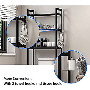 Bonzy Home Over The Toilet Storage Bamboo 3 Tier Bathroom Organizer Space Saver Bathroom Shelf Freestanding Toilet Stands with Hooks, Black