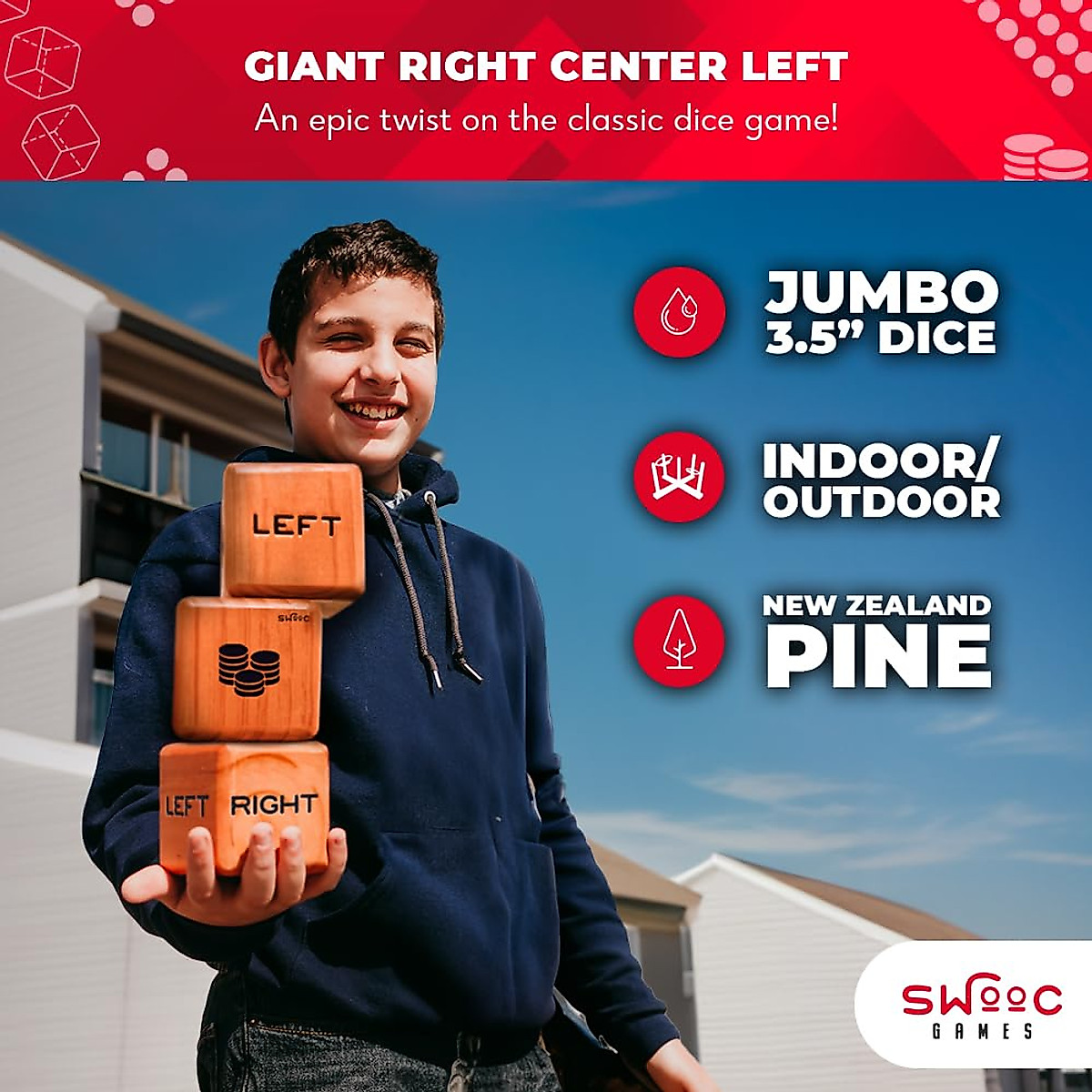 SWOOC Games - Giant Right Center Left Dice Game (All Weather) with 24 Large Chips & Carry Bag - Jumbo Wooden Lawn Game - Big Backyard Game for Family - Indoor/Outdoor - Left Right Center Dice Game