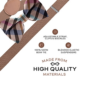 Man of Men Bowtie & Suspender Set - Beige Checkered Bowtie & Beige Suspenders - Boys Suspenders and Bow Tie Set