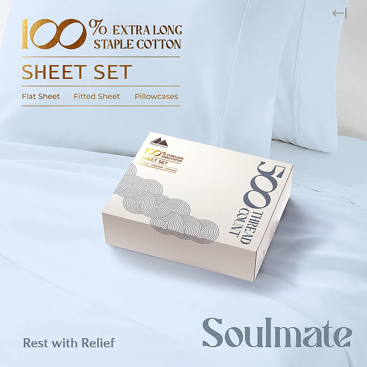 Mayfair Linen 100% Cotton Sheets for Queen Size Bed - Luxury 500 Thread Count Queen Sheet Set, 4 PC Sateen Weave Queen Light Blue Cotton Sheets, Ultra Soft, Deep Pocket Cooling Sheets Queen Size