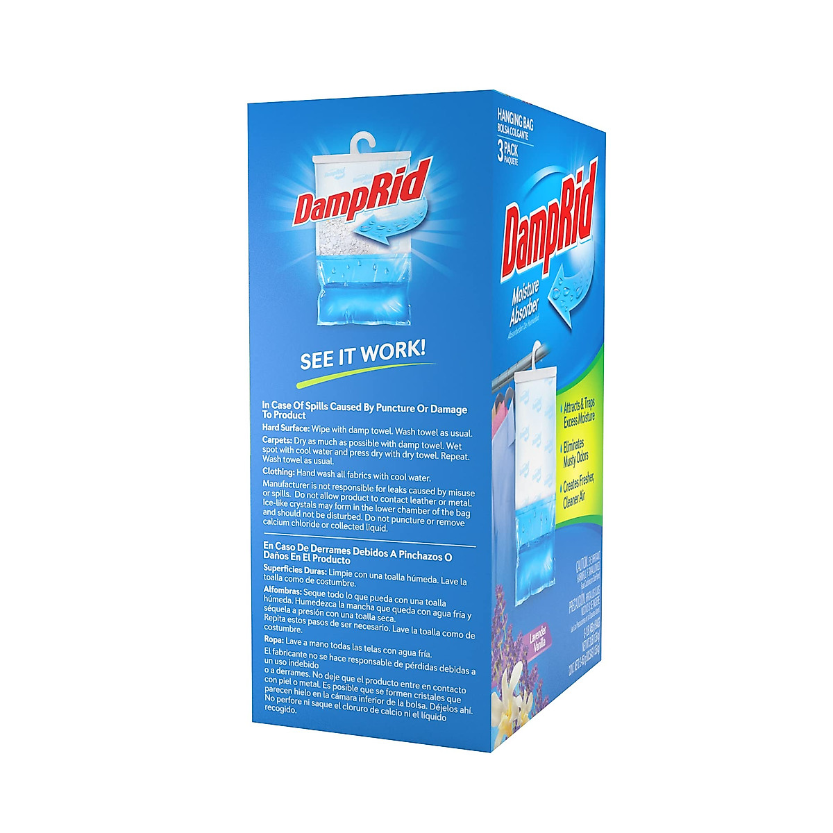 DampRid Lavender Vanilla Hanging Bag Moisture Absorber for Closets - Odor Eliminator - 3 pack (16oz. ea.); Traps Excess Moisture for Fresher, Cleaner Air