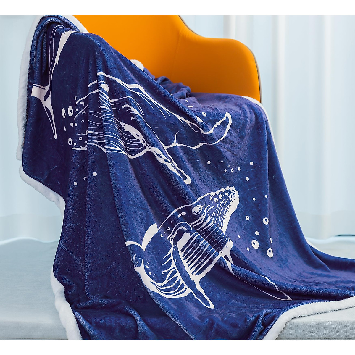Zevrez Whale Blanket Navy Blue Whales Throw Blanket Flannel Fleece Sea Whale Pattern Blankets Whale Gifts and Decor for Sea and Whale Lovers (Whale 2, 48"x60")