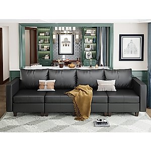 EASE MOOSE Modular Sectional Couch with Storage Seats, 4 Seat Faux Leather Convertible Modular Sofa Sectional Sofa Couch with Reversible Chaises for Small Spaces