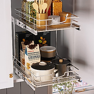 Lekind 2 Tier Pull Out Cabinet Organizer, Sliding Out Drawer Storage Shelf for Bathroom Kitchen, 12.0Wx16.5Dx16.7H-Inch