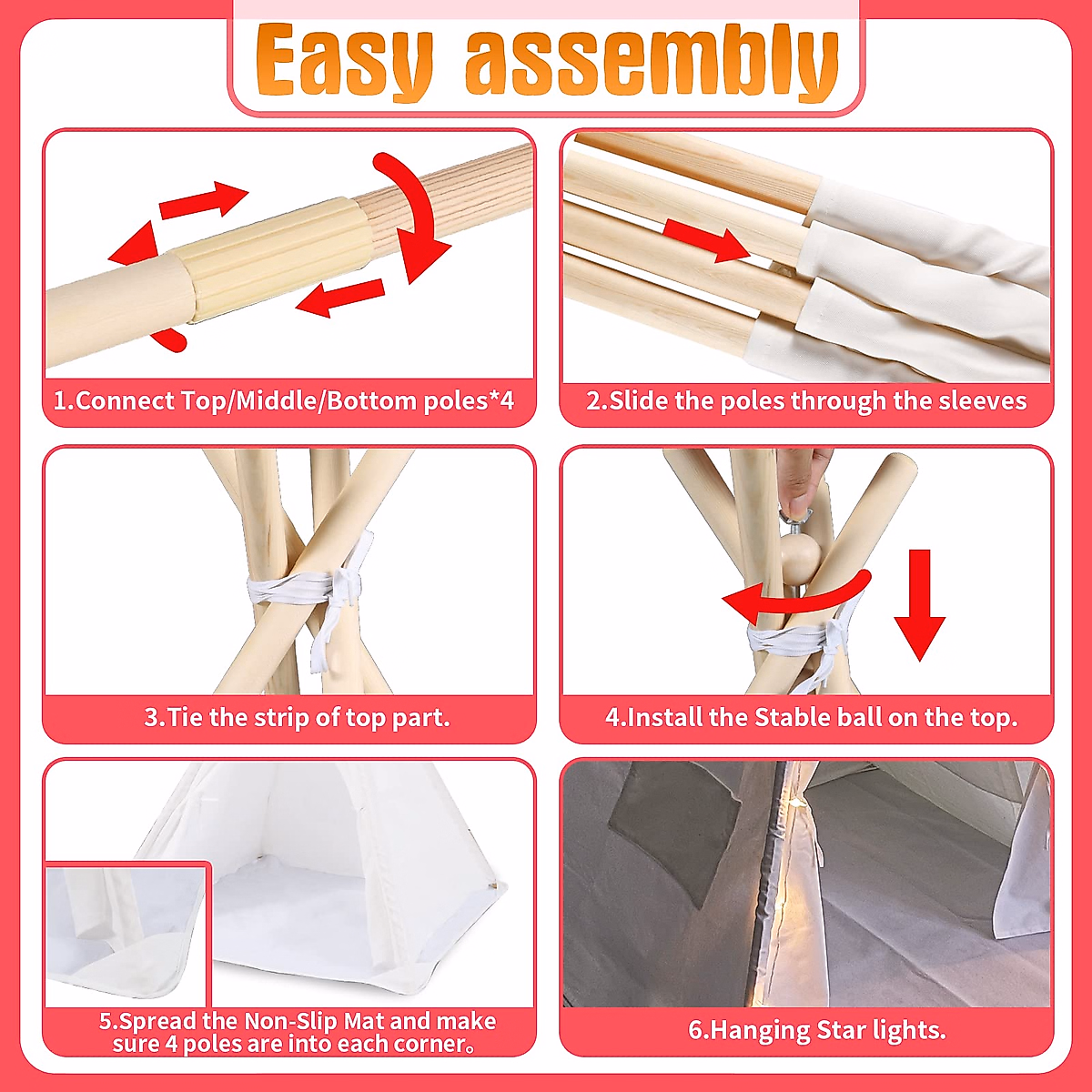 Kids Teepee Tent with Padded Mat & Light String, Washable Foldable Play Tent, Natural Cotton Canvas Teepee Indoor Outdoor Playhouse for Toddler, for 3 4 5 6 7 8 9 10 Boys and Girls