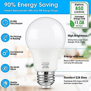 Maylaywood A19 LED Light Bulbs, 60 Watt Equivalent LED Bulb, Daylight White 5000K, 850 Lumens, E26 Standard Base, Non-Dimmable, 9W Bright White LED Bulbs for Living Room Bedroom Home Office, 12-Pack