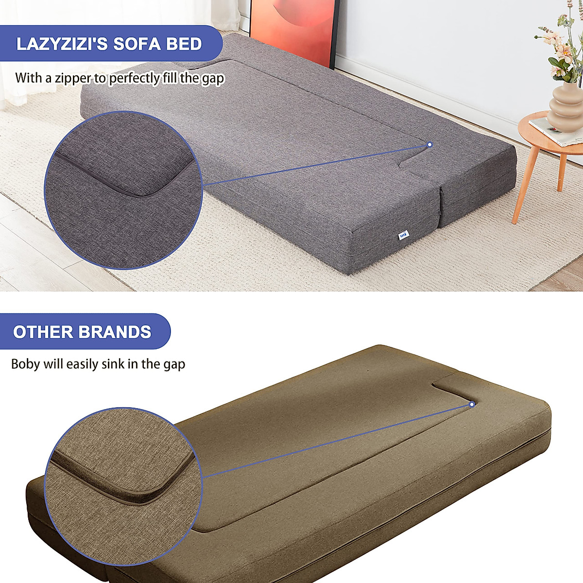 Lazyzizi Floor Sofa Bed, Fold Out Couch Bed with 2 Pillows & Washable Cover Convertible Sleeper Folding Sofa Bed Mattress for Living Room, Guest Bed, Playroom 10inches Twin