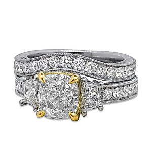 Bridal Set 3 CT 3 Stone Cushion Cut Moissanite Engagement Rings for Women 14k White Gold Free Engraving Size 9