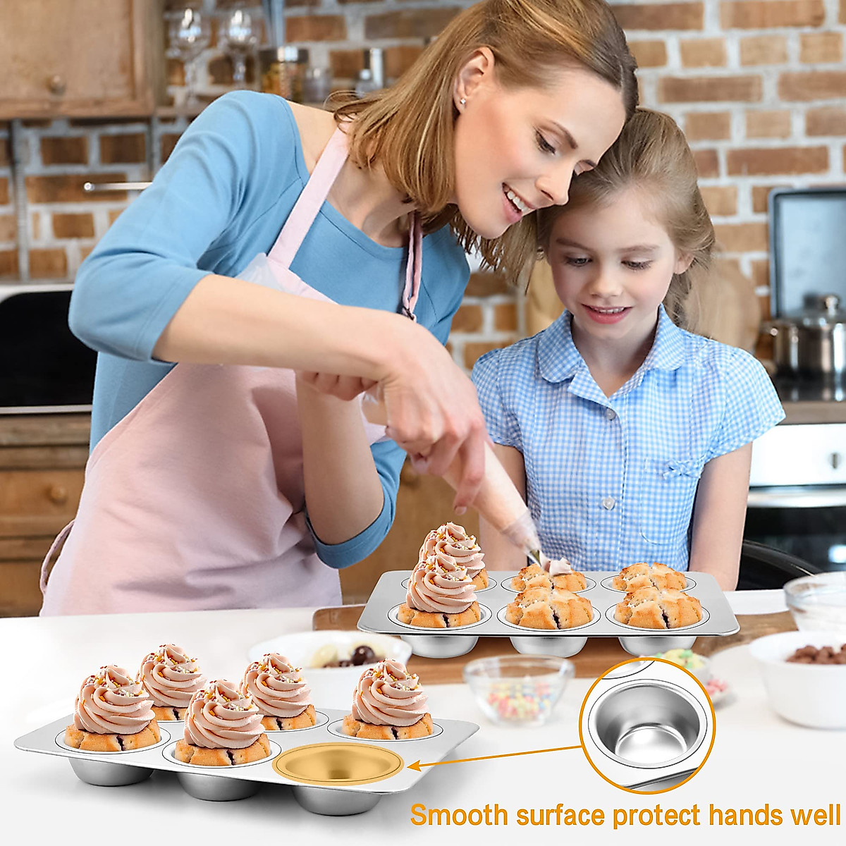 LIANYU Muffin Cupcake Pan Set of 2, Nonstick Muffin Pans Tin 6 Cups, Stainless Steel Dessert Muffin Top Pan Tray for Baking Oven, & Dishwasher Safe