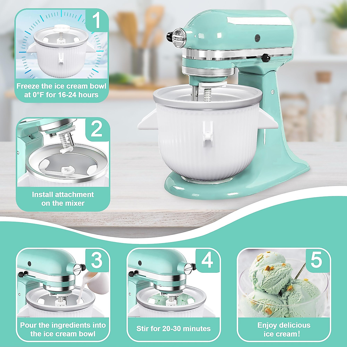 Ice Cream Maker Attachment for KitchenAid Stand Mixer,2 Quart Ice Cream Bowl Compatible with 4.5Qt and Larger Stand Mixers,Frozen Yogurt Ice Cream & Sorbet Gelato Maker with 2 Models by Aligat