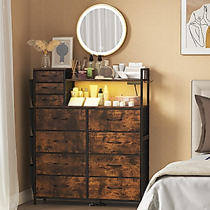 DRAWERHOM 11 Drawers Dresser for Bedroom, Dresser TV Stand with Power Outlets and LED Lights for 55'' TV, Fabric Chest of Drawers with Side Pocket, PU Finish, Sturdy Frame & Wood Top, Rustic Brown