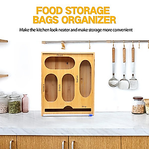 Elsqolro ZipLock Bag Organizer Dispenser for Kitchen Drawer Plastic Wrap Organizer for Drawer with Cutter Bamboo Baggie Organizer and Wrap Holder