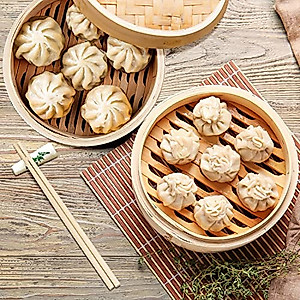 Flexzion Bamboo Steamer Basket Set (8 inch), 50 x Steamer Liners and 2 Pairs of Chopsticks, Steam Baskets for DimSum Dumplings, Rice, Vegetables, Fish and Meat