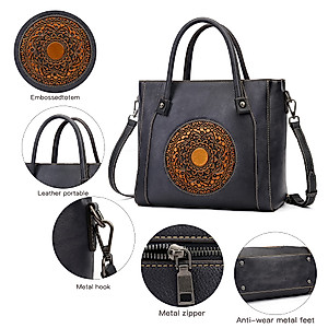 Genuine Leather Handbag for Women,Retro Embossing Mandala Design Purse Organizer Vintage Handmade Crossbody (3299 brown) 11 * 5.1 * 10.2 inches