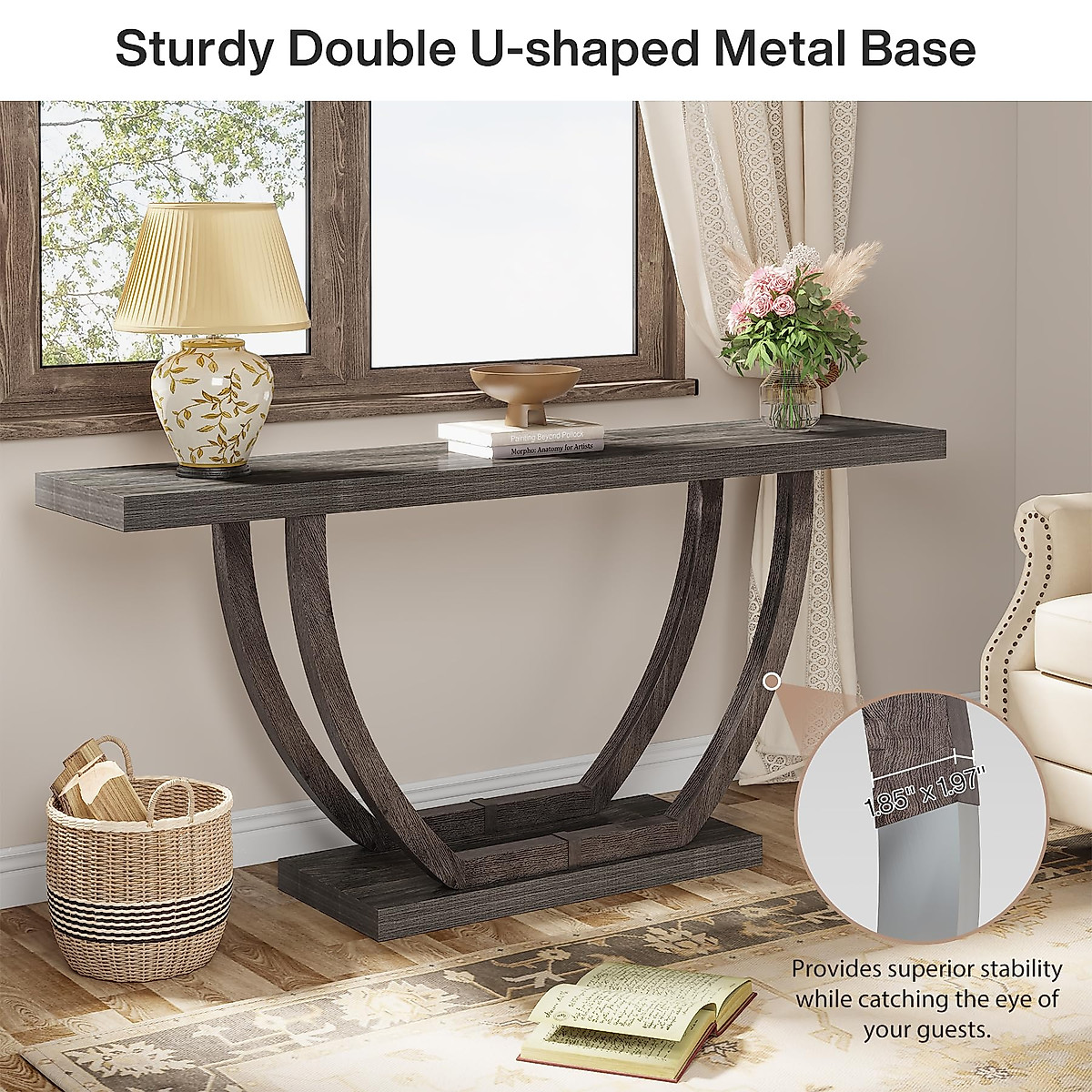 Tribesigns 63-Inch Skinny Console Table with Geometric Base 2-Tier Farmhouse Sofa Table Narrow Long, Thickened Behind Couch Table with Shelves for Living Room Foyer Corridor (Rustic Grey)