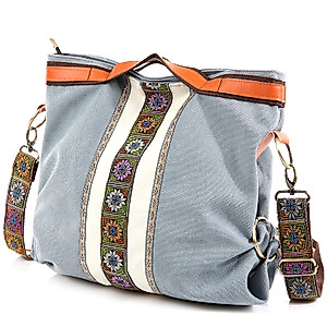 Women Canvas Crossbody Bag Shoulder Bag, Vintage Heavy-duty Tote Handbag (Light Blue) Medium