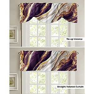 Sabolny Marble Purple Tie Up Valance Curtain for Kitchen Living Room Bedroom Bathroom Cafe, Rod Pocket Small Short Window Drape Panel Adjustable Drapary Print, Abstract Gold White Modern Art 54"x18"