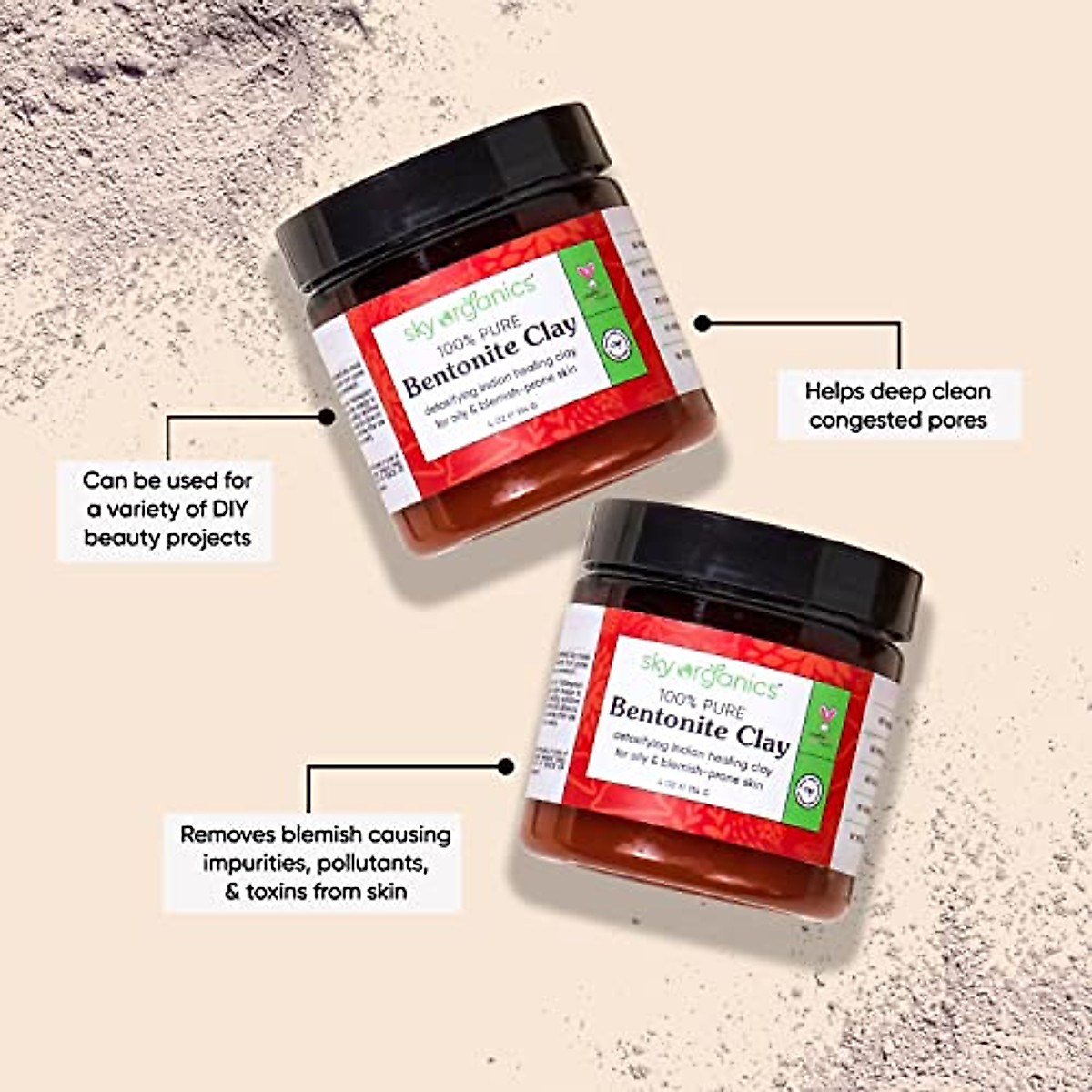 Sky Organics Indian Healing Clay with Detoxifying Bentonite Clay for Face, Helps Remove Impurities, Suitable for Oily or Blemish-Prone Skin, 100% Pure, Vegan & Cruelty-Free Skin Care, 4 Oz.