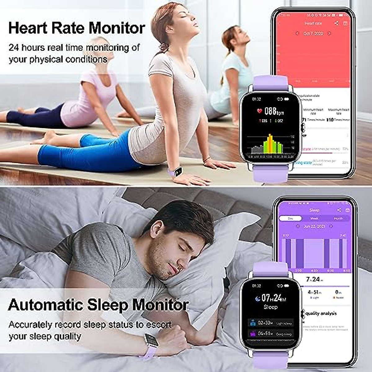 Smart Watch(Answer/Make Call), 1.85" Smartwatch for Men Women IP68 Waterproof, 100+ Sport Modes, Fitness Activity Tracker, Heart Rate Sleep Monitor, Pedometer, Smart Watches for Android iOS, Purple