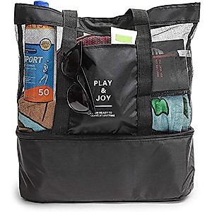 Zodaca Black Mesh Beach Tote with Cooler, Play & Joy Insulated Lake Bag (17 x 16 x 5 in)