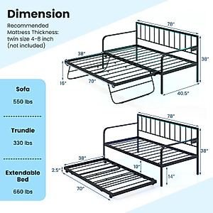 Giantex Twin Daybed with Trundle, Metal Day Bed with Charging Station & LED Lights, Sofa Bed Frame with Pop up Trundle, Metal Slats Support, Trundle Bed Twin for Living Room, Guest Room, Black