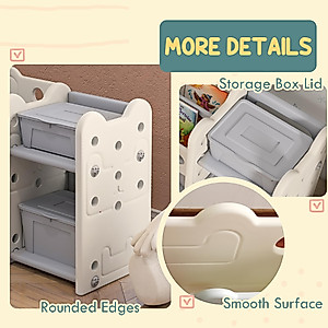 Qaba Kids Toy Storage, 2 Tier Toy Organizer with 4 Storage Boxes & Bookshelves for Kids Room, Nursery, Playroom, Cream White