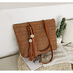 QTKJ Women Summer Straw Beach Bag Handwoven Big Tote Leather Shoulder Bag Handbag with Beaded Tassel Decorate (Brown)