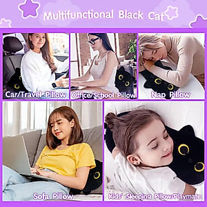 Black Cat Plush Lumbar Pillow, Stuffed Animals Cat Plush Pillow, Cute Cat Travel Pillow Cat Nap Pillow Waist Cushion, Cat Plushie Black Cat Toy Pillow for Kids Gift for Christmas Thanksgiving Birthday
