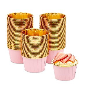 100-Pack Gold Aluminum Foil Cupcake Liners, 2.75x1.5-Inch Pink Colored Baking Cups for Muffins and Baked Desserts, Small Goodie Containers for Loose Nuts and Candies