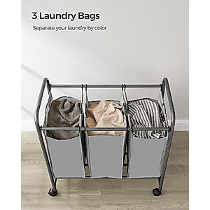 SONGMICS 3-Section Laundry Sorter, Laundry Basket with Wheels, Laundry Hamper with 3 Bags, Laundry Room Organizer, Removable Laundry Bag with Handles, Lockable Wheels, Gray ULSF003GS