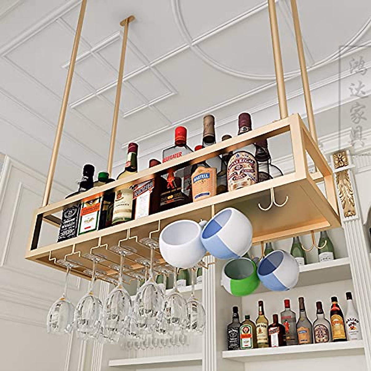 Gold Ceiling Mounted Hanging Wine Rack Iron Wine Bottle Holder Champagne Glass Goblets Storage Shelf, Bar Unit Home Decor Floating Display Shelves (Size : 100x25x21cm)