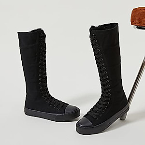 ZGR Women’s Canvas High Top Shoes Knee High Boots Fashion Girl Fancy Scool Shoes White And Black Lace Up Zipper Sneakers For Women(Black;US09.5)