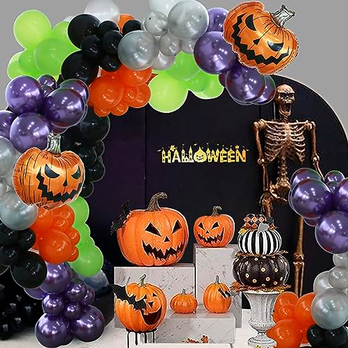 INFLORAL Play Balloon Garland Kit with 164 PCS Black Sliver Green Metallic Purple Orange Balloons and Pumpkin Balloon Garland Kit for Party Decorations