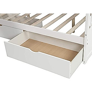 ATH-S Twin Over Full Bunk Bed with Slide, Twin Over Full Bunk Bed with Storage Drawers and Stairscase, Wood Bunk Bed Frame with Guardrails for Kids Boys Girls Teens Adults, No Box Spring Needed, White