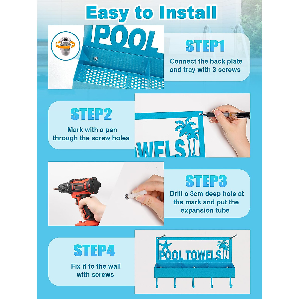 Pool Towel Rack - 2-in-1 Outdoor Poolside Beach Washcloth Drying Rack Holder, Wall Mounted Metal Hooks Decor for Bath Towel Storage, Robe Swimsuit, Coat, Bags, Phone, Keys - Blue