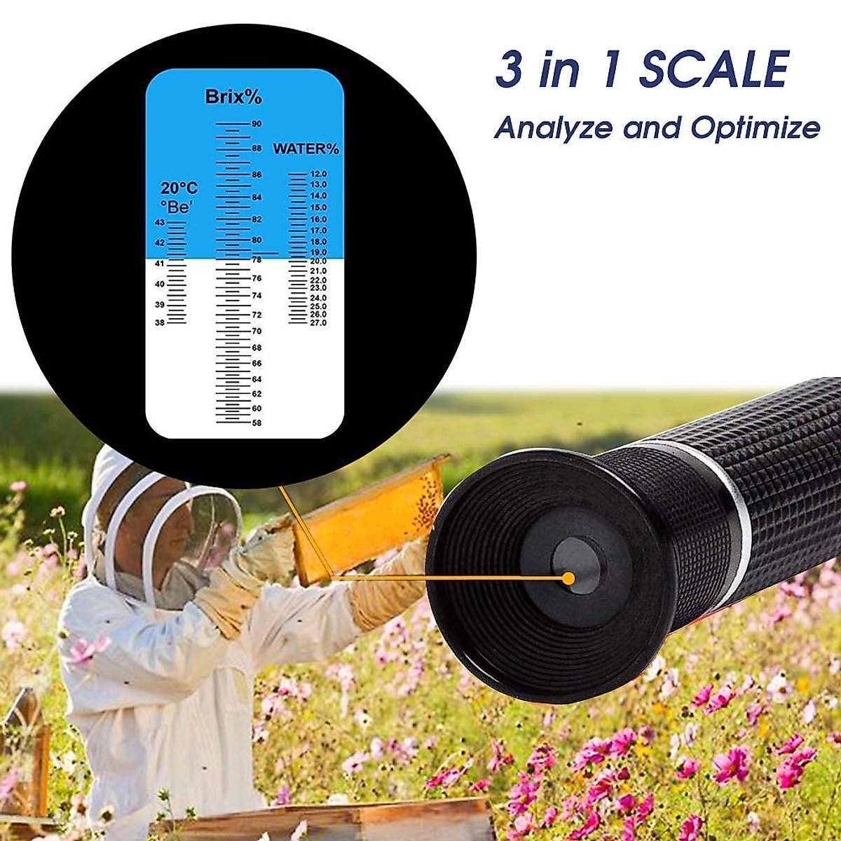 SMARTSMITH Refractometer Honey 10-32% for Honey Moisture, Brix and Baume, 3-in-1 Uses, 58-90% Brix Scale Range Honey Moisture Tester, with ATC, Ideal for Honey, Maple Syrup, and Molasses, Bee Keeping