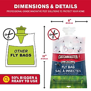 Catchmaster Pro Series Fly Bag 8-Pack, Hanging Fly Trap Outdoor Home, Bug Catcher and Flying Insect Trap with Premium Fly Bait, Pet Safe Pest Control, XL Bag for Backyard, Pool, Patio & Camping