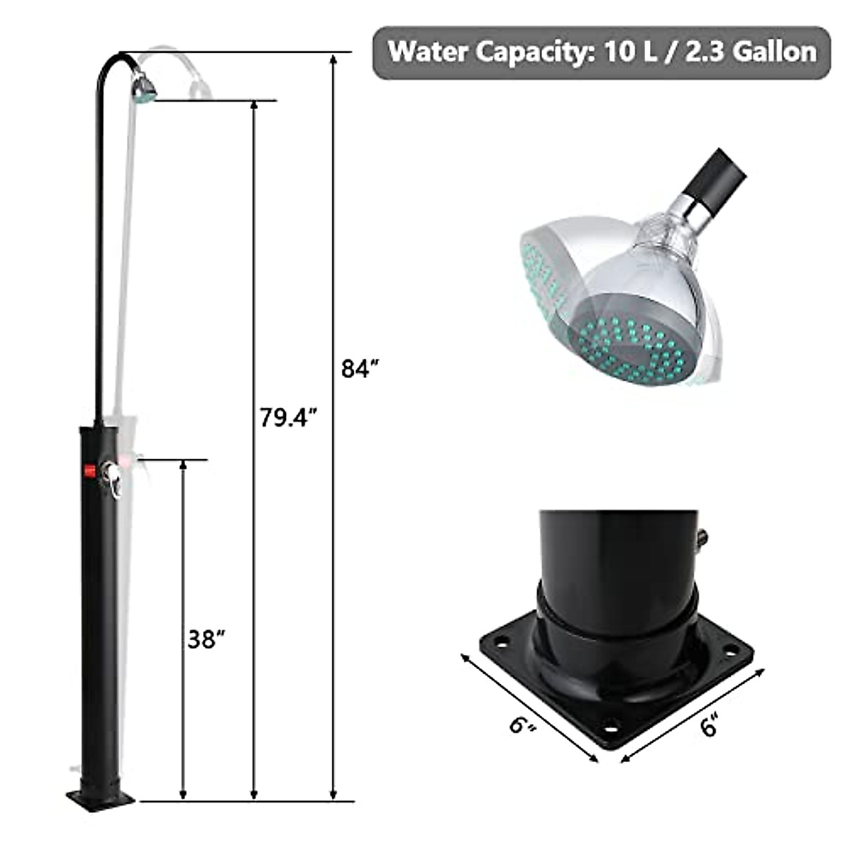 VINGLI 7FT Solar Heated Shower, Pool Solar Shower Kit with Shower Head for Outdoor Backyard Poolside Beach Pool Spa,Black