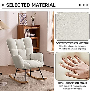 KINFFICT Teddy Velvet Rocking Accent Chair, Uplostered Glider Rocker Armchair for Nursery, Comfy Side Chair for Living Room, Bedroom (Ivory+Teddy Fabric)