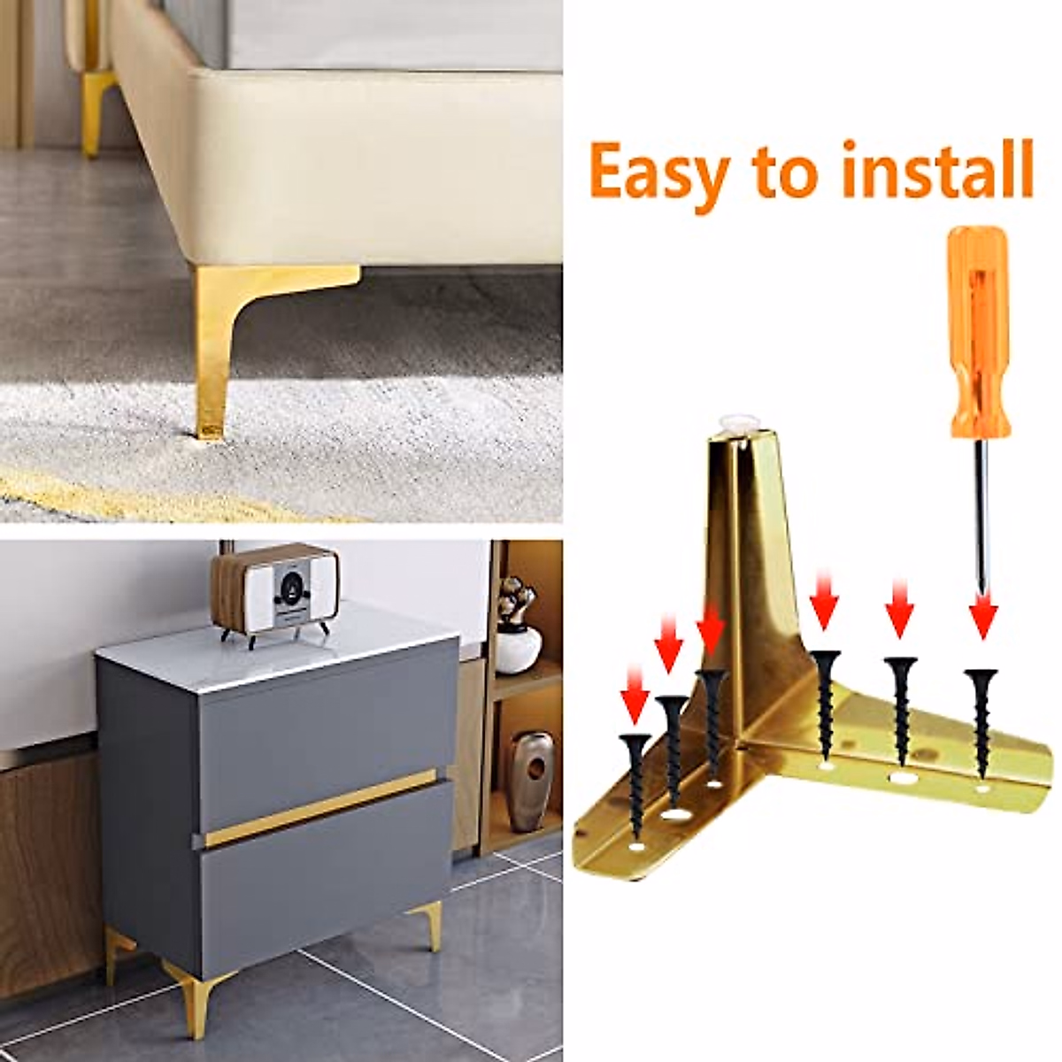 WEICHEN 4 inch Metal Furniture Legs, Modern Triangle Legs for Furniture Set of 4 Couch Legs DIY Replacement Legs for Cabinet Sofa Cupboard Chair Ottoman Dresser (Gold)